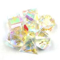 China Natural Clear Quartz Crystal Polyhedral Dice Set with AB Rainbow Coating and Silver Ink Engraved Numbers for DND and RPG Games for sale
