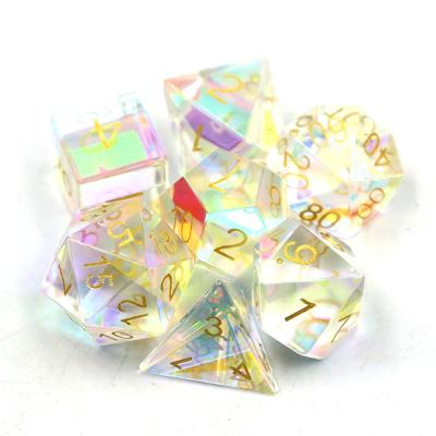China Natural Clear Quartz Crystal Polyhedral Dice Set with AB Rainbow Coating and Silver Ink Engraved Numbers for DND and RPG Games for sale