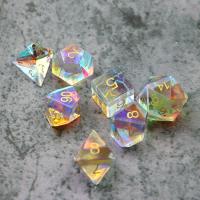 China Natural Clear Quartz Crystal Polyhedral Dice Set with AB Rainbow Coating and Silver Ink Engraved Numbers for DND and RPG Games for sale