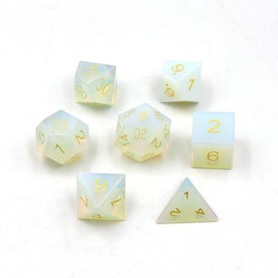 China Hand Carved Opalite Stone Polyhedral Dice Set with Golden Ink Engraved Numbers for DND and RPG Games for sale