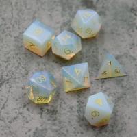 China Hand Carved Opalite Stone Polyhedral Dice Set with Golden Ink Engraved Numbers for DND and RPG Games for sale