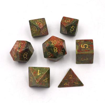 China Natural Unakite Gemstone Polyhedral Dice Set Hand Carved with Golden Ink Engraved Numbers for DND RPG Games for sale
