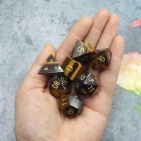China Natural Tiger's Eye Gemstone Polyhedral Dice Set - Hand Carved DND Dice with Golden Ink Engraved Numbers for sale