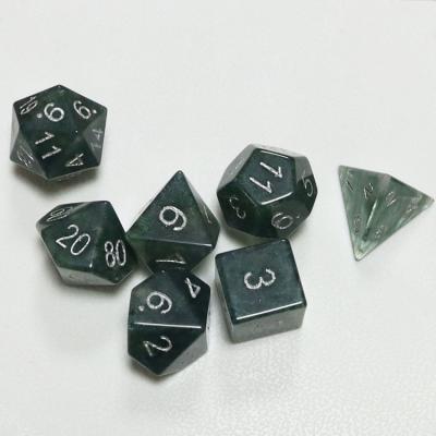 China Natural Moss Agate Gemstone Polyhedral Dice Set - Hand Carved DND Dice with Silver Ink Engraved Numbers for sale
