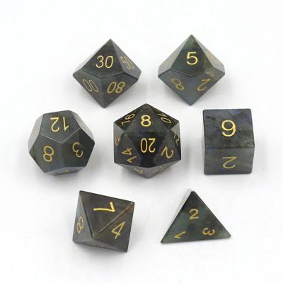 China Natural Labradorite Gemstone Polyhedral Dice Set - Hand Carved DND Dice with Golden Ink Engraved Numbers for sale