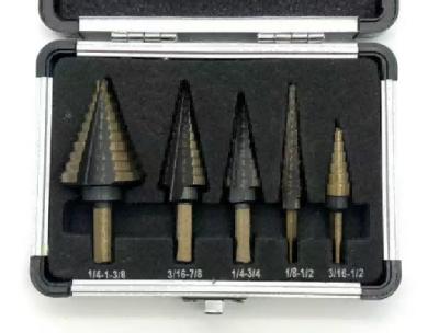 China 5pcs Cobalt Step Drill Bit Set with 50 Sizes and Aluminum Case for Professional Locksmith Tools for sale