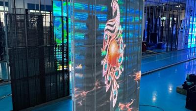 China Double Sided Transparent LED Poster Screen P3.9 3000 Nits Outdoor Indoor Full Color Movable Display for sale