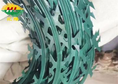 China Crossed 450/500/600mm Coil Concertina Barbed Wire Green Coated EN Standard for sale
