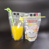 China Pre-Printed Matte Clear Stand Up Drink Pouches with Hanging Holes and Colorful Straws for sale