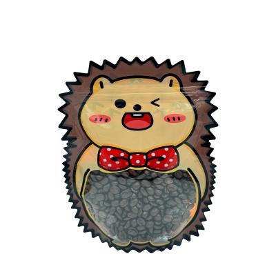 China Custom Small Cute Hedgehog Animal Shape Die-cutting Plastic Standup Zipper Pouches with Clear Window for Food Packaging for sale