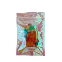China Custom Pink Rainbow Color Holographic Flat Zipper Pouch 3 Sides Sealed Bags for Packing Food, Accessories, Cosmetics for sale