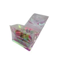 China Custom Holographic Pouch Pink Rainbow Clear Flat Bottom Stand Up Bags with Resealable Sticky Button for Candy Accessory for sale