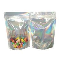 China Heat Seal Resealable Zipper Lock Stand Up Pouch Bags Holographic with Gusset Bottom Clear Front for Food Storage Pack for sale