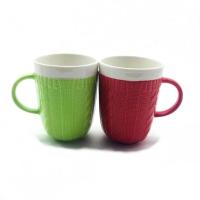 China 12oz 350ml Ceramic Drinking Mug Embossed Knit Pattern Microwave Safe for sale