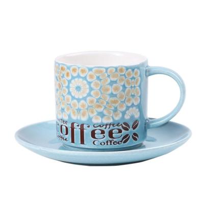 China Embossed Stackable Ceramic Cup and Saucer Set Silk Screen Blue 300ml Microwave Safe for sale