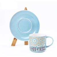 China Embossed Stackable Ceramic Cup and Saucer Set Silk Screen Blue 300ml Microwave Safe for sale