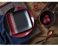 China Matte Black And Red 8 Inch Plate Porcelain Dinnerware Set Square for sale