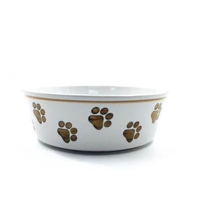 China Custom 8 Inch Ceramic Pet Food Bowl Hand Painted Dog Footprints Stoneware for sale