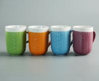 China 9oz two-tone cable knit design embossed ceramic coffee mug for sale