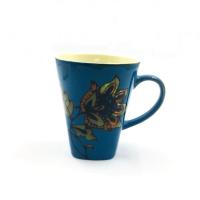 China 14 Oz Blue Glazed Stoneware Mug Ceramic Coffee Mug With Flower Design for sale