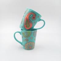 China 14oz V-Shape Ceramic Green Glazed Hand Painted Gold Flower Coffee Mug 3000 PCS MOQ for sale