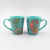 China 14oz V-Shape Ceramic Green Glazed Hand Painted Gold Flower Coffee Mug 3000 PCS MOQ for sale