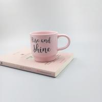 China Hand Thrown 12oz 360ml Ceramic Stoneware Mugs Pink Lettered for sale