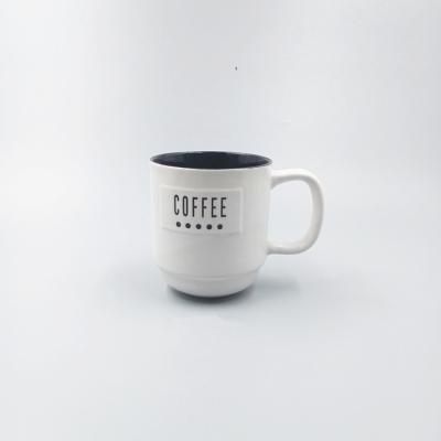 China 14oz 410ml Glazed Hand Painted Ceramic Stoneware Mugs Black White Coffee Letter Relief for sale
