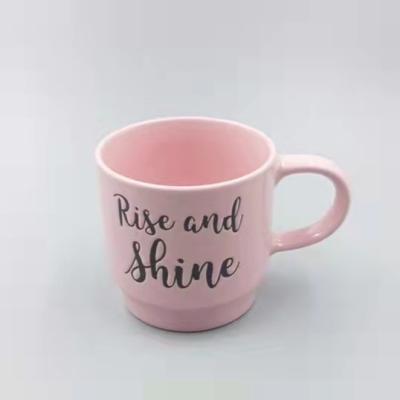 China Hand Thrown 12oz 360ml Ceramic Stoneware Mugs Pink Lettered for sale