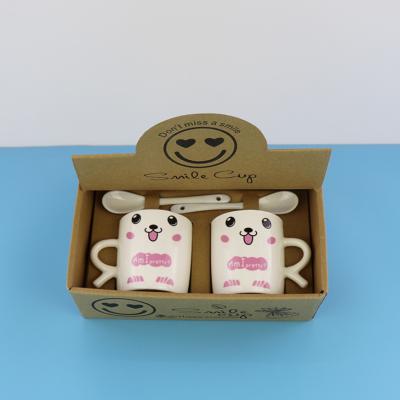 China 2 Pack Ceramic Coffee Cup with Spoon 200ml Smiling Face Design for Parties Picnics for sale