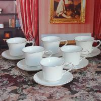 China European Hand Painted Bone Porcelain Coffee Cup Set 6 Cups 1 Pot with Gold Trim for sale