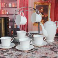 China European Hand Painted Bone Porcelain Coffee Cup Set 6 Cups 1 Pot with Gold Trim for sale