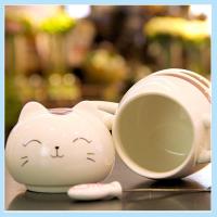 China Cartoon Style 3D Cute Cat Creative Ceramic Mugs With Lid Spoon for sale