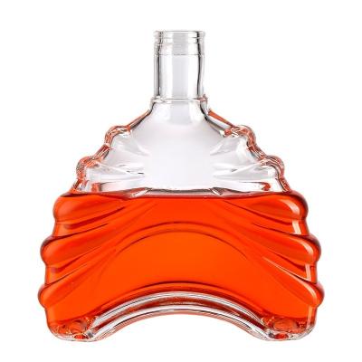 China Customized Logo Clear Oblate Shape Glass Bottle For 500ml 750ml Whisky Brandy Liquor for sale