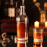 China Glass Products Clear Round Brandy Gin Rum Vodka Tequila Liquor Bottle with Cork Stopper for sale