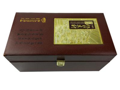 China PU Leather Silk Material inside Tray Lock Closure Gold Color Hot Stamping Wood Box for the Wine Packaging for sale