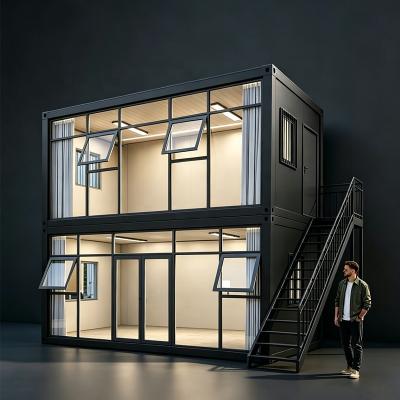 China 2-Story Modern Prefab Modular Glass Curtain Wall 20ft Flat Pack Container House Coffee Bar Hotel Workshop Mall for sale