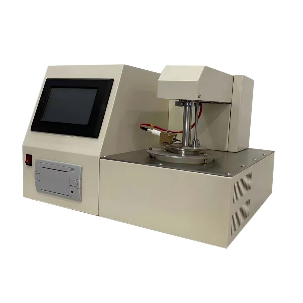 Laboratory technician injecting oil sample and installing test cup