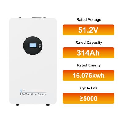 China 51.2V 314Ah 16kWh LiFePO4 Lithium Battery Pack Wall Mounted Home Energy Storage for sale