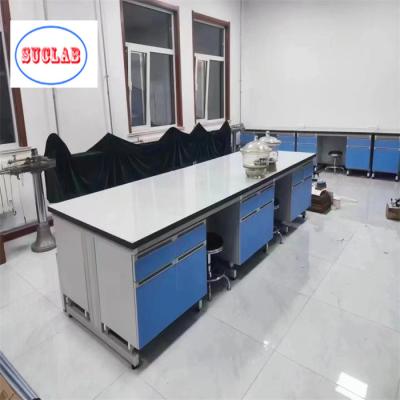China Safety Chemistry Lab Workbench Wood Laboratory Workbench  With Phenolic Resin Worktop Multiple Cabinets And Steel Frame for sale