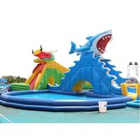 China 14*18m Inflatable Water Park with 1200w Blower and 1-20 People Capacity Dragon Shark Slide and Large Swimming Pool for sale