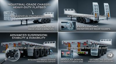China Mn Steel 3 Axles Container Semi Truck Flatbed Trailer Carrying Heavy Goods for sale