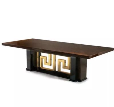 China Italian Style Luxury Living Room Furniture Titanium Gold Leg Burl Mesa Dining Table for sale