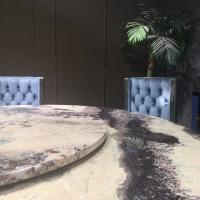 China Round Marble Top Dining Table Luxury Durable Frame Leather Cover With Lazy Susan for sale