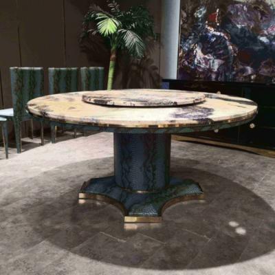 China Round Marble Top Dining Table Luxury Durable Frame Leather Cover With Lazy Susan for sale