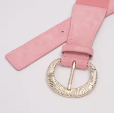 China Classic Retro Pink Suede Belt with Alloy Buckle Dress Waistband Adjustable Elastic Flexible Woven Fashion Women for sale