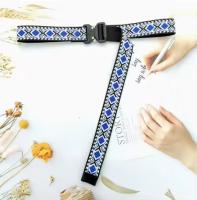 China Wholesale New Style Blue and White Diamond Pattern Canvas Belt with Black Buckle, Stylish Accessory for Casual & Customizable  Bohemian Looks for sale