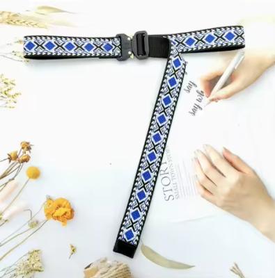 China Wholesale New Style Blue and White Diamond Pattern Canvas Belt with Black Buckle, Stylish Accessory for Casual & Customizable  Bohemian Looks for sale