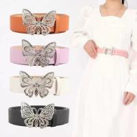 China Lingshang Belt Manufacturer Women Adjustable Belts Butterfly Crystal Buckle Faux Leather Belts for sale