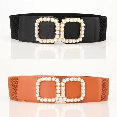 China Ladies Style Fashionable Multi-Color Fashion Waist Belt Square Pearl Buckle Elastic Wide Belt for sale